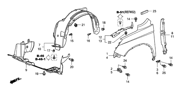 74100-SXS-A00 - Genuine Honda Fender Assy., R. FR. (Inner)